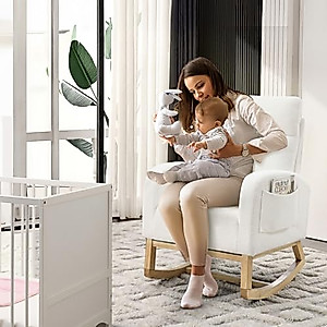 JEEOHEY Rocking Chair Nursery,Teddy Fabric Upholstered Baby Glider Rocker Chair,Comfy Accent Arm Chair with Side Pockets&Solid Wood Legs,Modern Nursing Single Sofa Chair for Living Room,Bedroom(White)