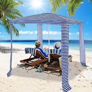 Tangkula 6.7'x6.8' Foldable Beach Cabana, Easy Set-up Portable Beach Tent with Carry Bag, Detachable Side Wall, 4 Sandbags, Wind Vent, Sun-Protection Outdoor Beach Umbrella Shelter for Family