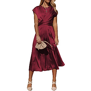 PRETTYGARDEN Women's 2024 Summer Satin Midi Dress Cap Sleeve Tie Waist Elegant A-Line Flowy Dresses (Wine Red,Medium)