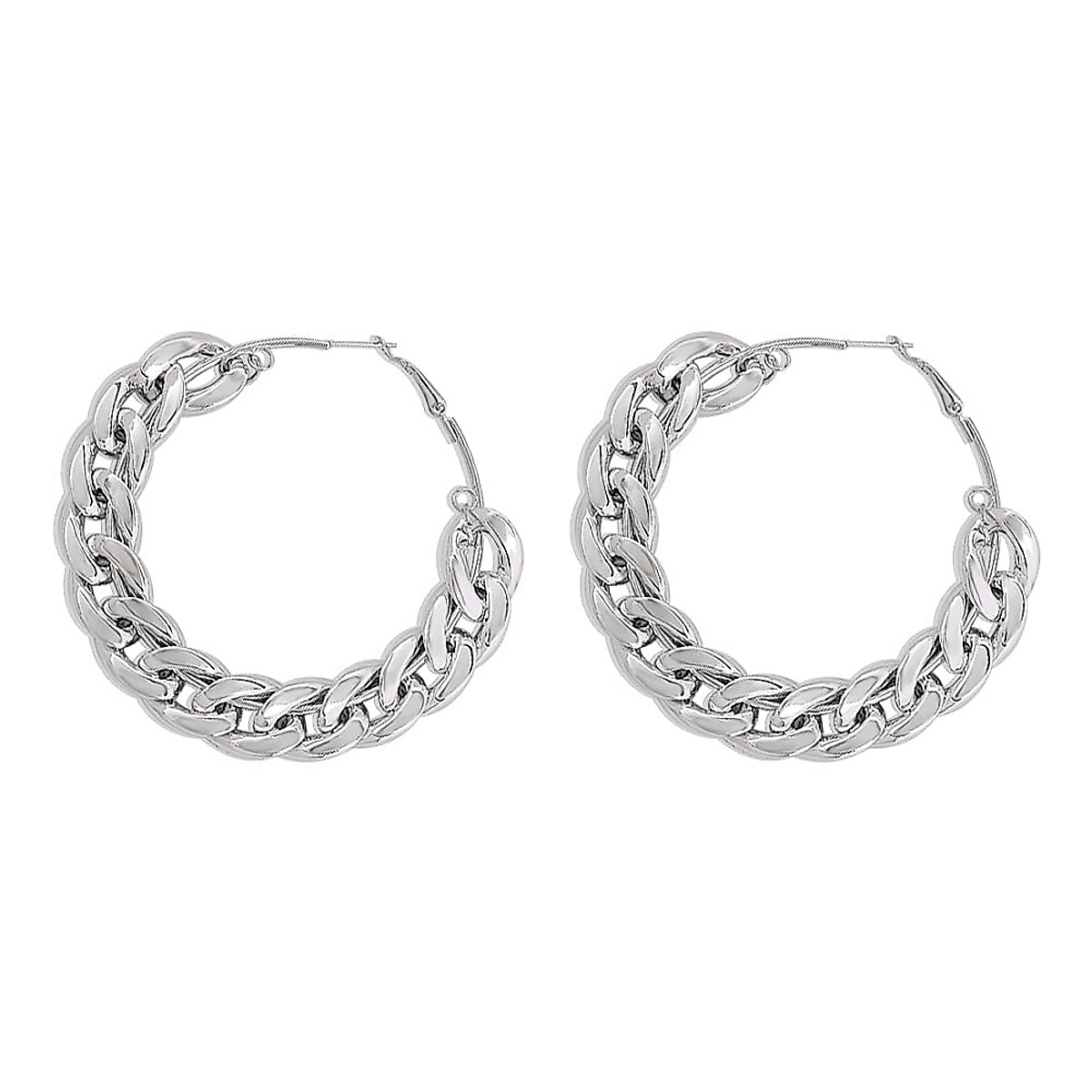 Girlssory Big Punk Chain Hoop Earrings Cuban Link Chain Earrings Chunky Earrings Fashion Punk Jewelry for Women (Silver)