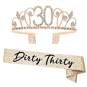 "Dirty Thirty" Sash and Rhinestone Crown Set - 30th Birthday Party Gifts Birthday Sash for Women Birthday Party Supplies