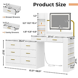 Hasuit Large Vanity Desk with Mirror and Lights,68.9'' Long Makeup Dressing Vanity Table with Charging Station, 8 Drawers, Vanity Mirror 3 Lighting Modes Adjustable, White