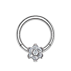 Pierced Owl 16-18GA G23 Implant Grade Titanium CZ Crystal Flower Cartilage Helix Daith Septum Nose Hinged Segment Ring (Silver Tone, 16GA / 8mm)