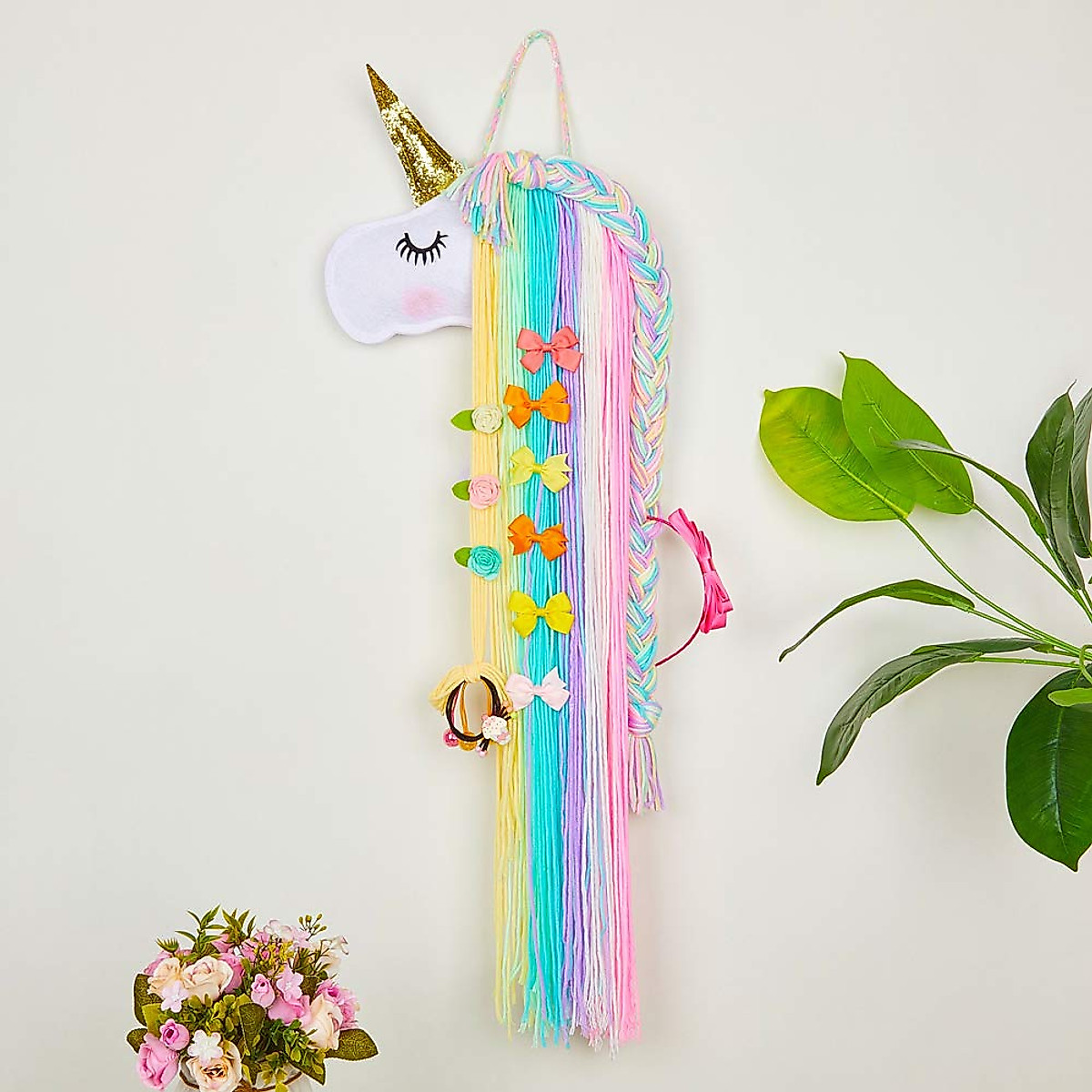Beinou Unicorn Hair Clips Holder Rainbow Yarn Tassels Hair Bows Storage Shy Unicorn Face Headband Organizer Unicorn Theme Party Decorations