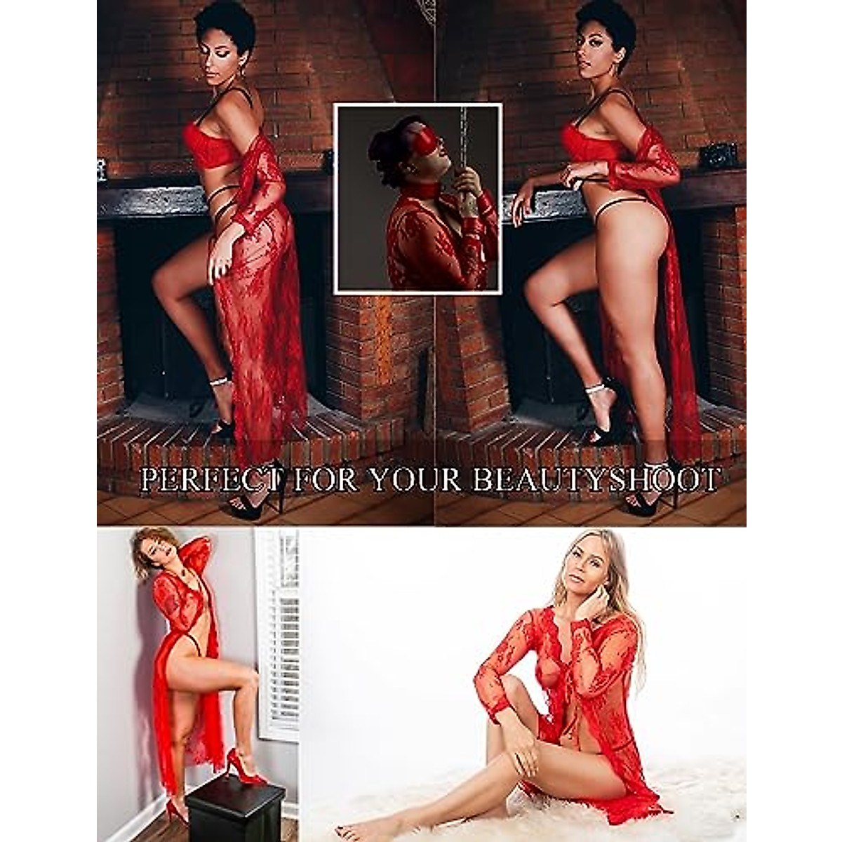 Avidlove Sexy Lingerie Robe for Women Lace Kimono Gown Bridal Babydoll Linngerie Red, M