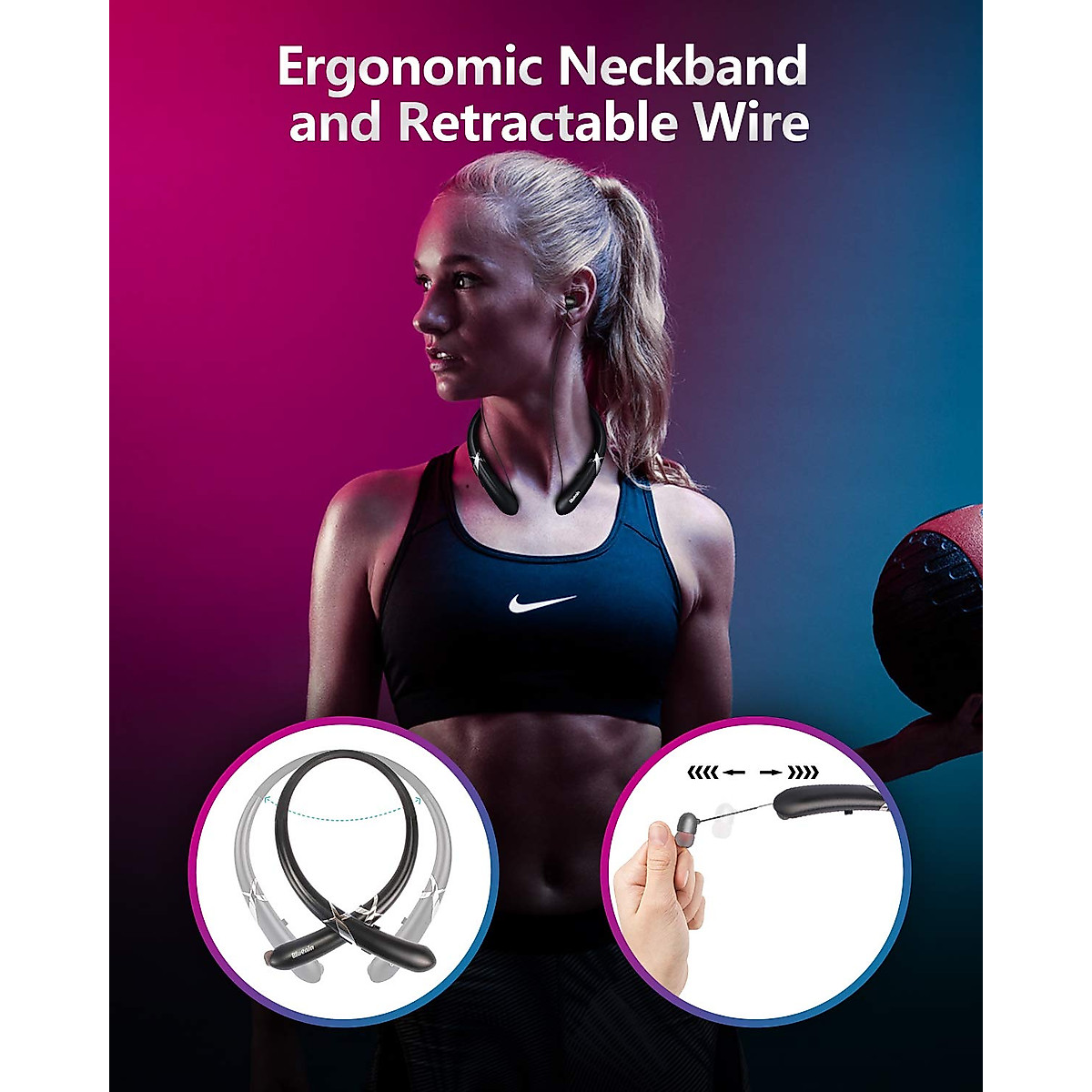 Bluenin Bluetooth Headphones, Bluetooth Neckband Wireless Headphones Bluetooth 5.0 Retractable Earbuds Stereo Headset CVC 8.0 Noise Cancelling Call Vibrate Alert Earphones with Mic (Black)