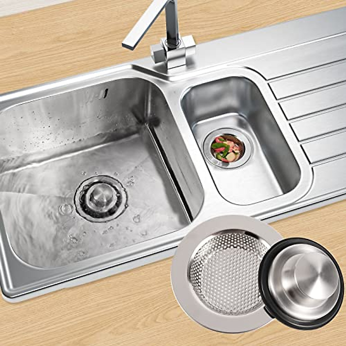 RQYEKDO Polished Kitchen Sink Strainers Sink Stopper Kits, Stainless Steel Sink Drain Strainer Set,Large Wide Rim 4.5" Diameter Food Catcher Garbage Disposal Plug for Most Sink Drains Basket Filter