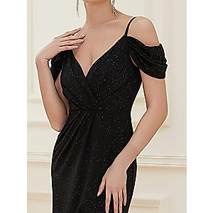 Ever-Pretty Women's V-Neck Ruched Sparkle Short Sleeves Summer Evening Dress for Women Black US6