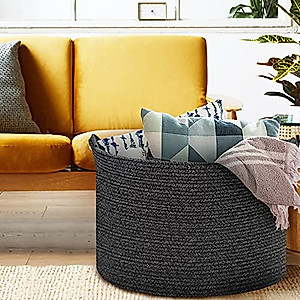 MXMHOME Black Large Blanket Basket Extra Large Woven Rope Baskets for Storage Baskets Bins for Organization Dog Toy Storage Baskets Bins Black Decorative Basket Living Room(23.6"x14.1")