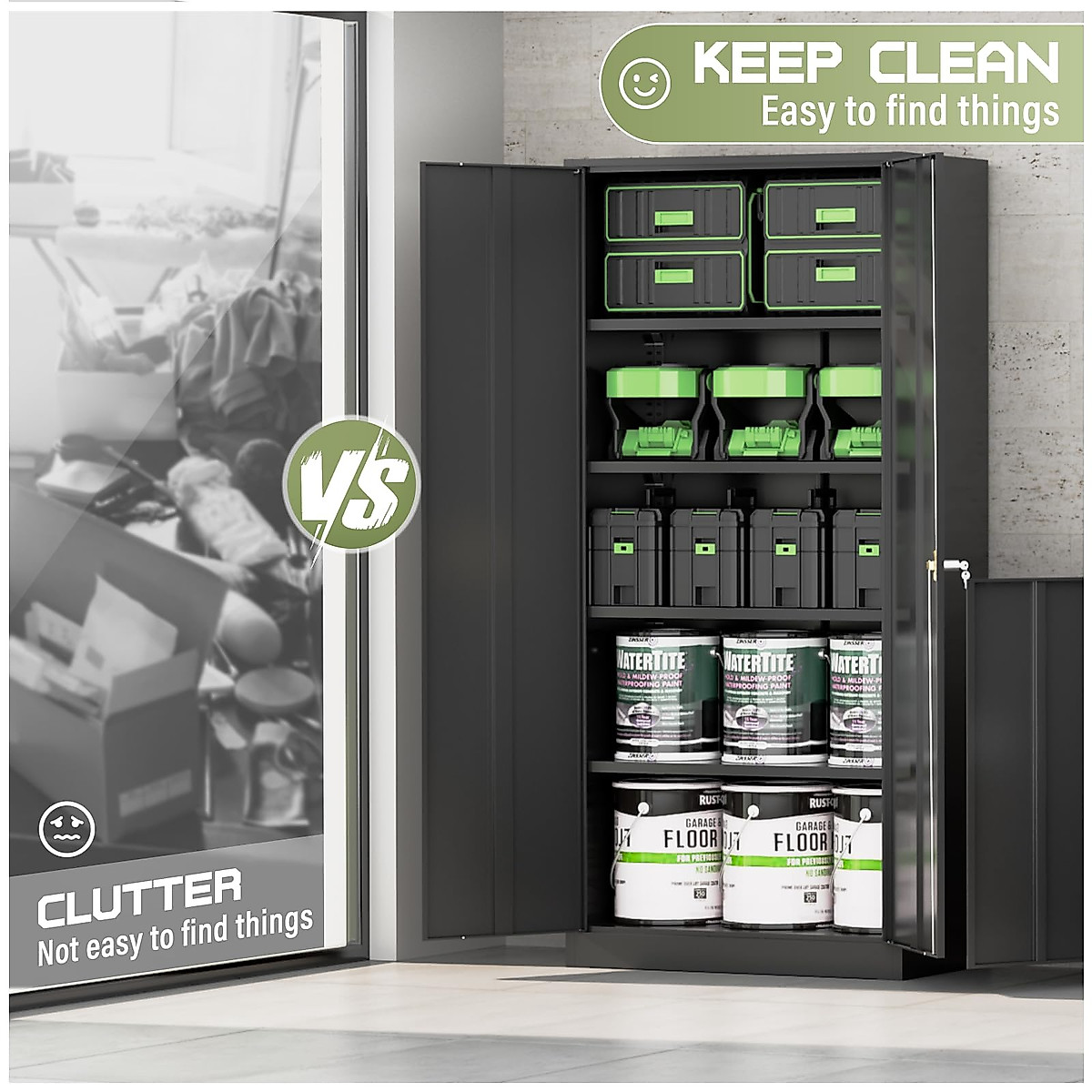 Crownland 72” Metal Storage Cabinet, Lockable Garage Storage Cabinets, High Office Storage Cabinet with Adjustable Shelves for Garage, Home Office,Pantry, File(Black-Narrow)