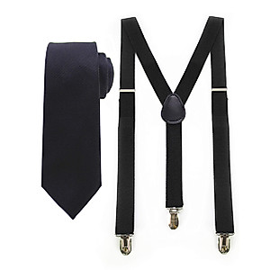 JEMYGINS Black Suspender and Silk Skinny Tie Sets for Men Slim Necktie (Black)