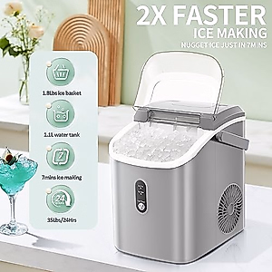 ZAFRO Nugget Ice Maker Countertop, Pebble Ice Machine with Self-Cleaning, 35Lbs/24H, Pellet Ice Maker with Ice Basket/Ice Scoop/Ice Bag for Home/Office/Bar/Party, Grey