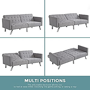 75"Convertible Folding Futon Sofa Bed,Split Back Design,Modern Fabric Sleeper Couch Bed with Armrest and Chrome Legs,Upholstered Recliner Loveseat for Living Room Apartment Dorms Office (Light Grey)