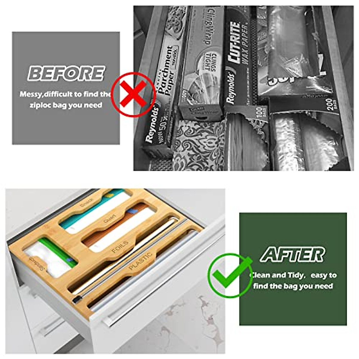 Ziplock Bag Storage Organizer 5 in 1 Foil and Plastic Wrap Organizer for Kitchen Drawer organize Quart Snack Sandwich Bags-Bamboo-12"
