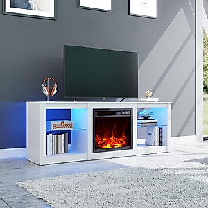 WLIVE Fireplace TV Stand for TVs up to 65 inch, Electric Fireplace TV Console with LED Lights, Modern TV Stand for Living Room, Entertainment Console with Glass Shelves, White