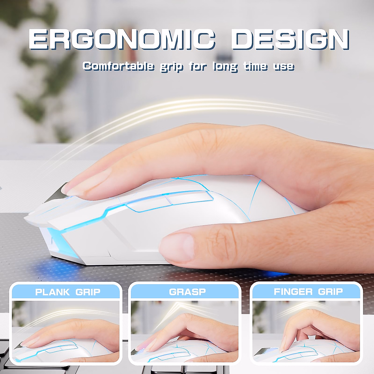 AJ52PRO Wired Wireless Bluetooth Gaming Mouse with RGB LED Backlight Adjustable 10000DPI Ergonomic 7 Programmable Button Rechargeable 800mAh Battery 2.4Ghz USB Receiver for PC Mac PS4 Gamer(StarWhite)