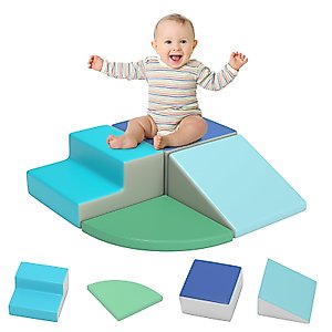 DUSACOM Foam Climbing Blocks for Toddlers, 4 Pieces Climbing Blocks for Toddlers 1-3, Soft Play Climbing for Toddlers, Baby Climbing Blocks Indoor(Blue/Green-4)