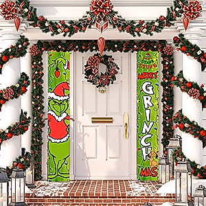 Grinch Christmas Decorations Grinch Porch Sign Door Banner Merry Grinchmas Theme Photography Yard Sign Banner Supplies For Home Office Fireplace Christmas New Year Party Decorations