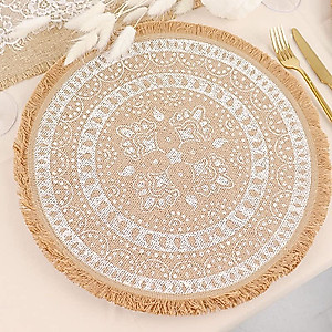 BalsaCircle 4 Natural 15 in Round Woven Burlap Jute Placemats White Print Fringe Trim Wedding Party Event Home Decorations Supplies