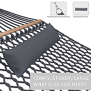 TONAHUTU 13FT Hammocks, Traditional Hand Woven Cotton Rope Hammock with Free Extension Chains for Outdoor Indoor Patio Yard 450 LSB Capacity for Two Person (Dark Grey)