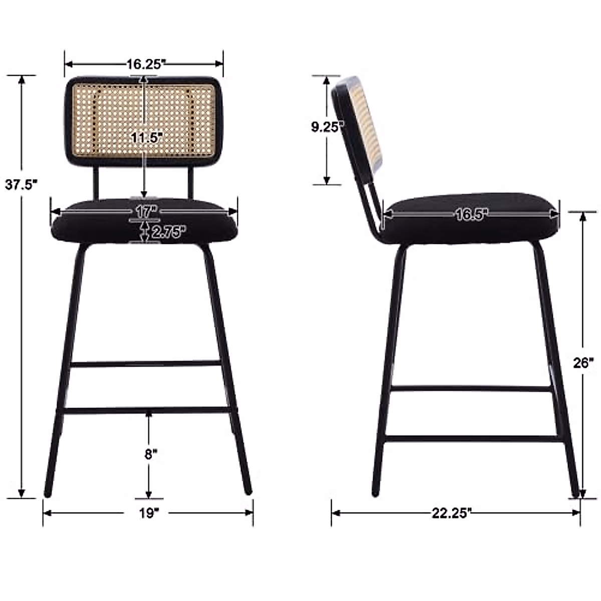 ZSARTS Black Rattan Barstools Set of 2, 26" Boucle Fabric Counter Height Bar Stools with Cane Back, Wicker Bar Chairs for Pub/Kitchen/Home Bar