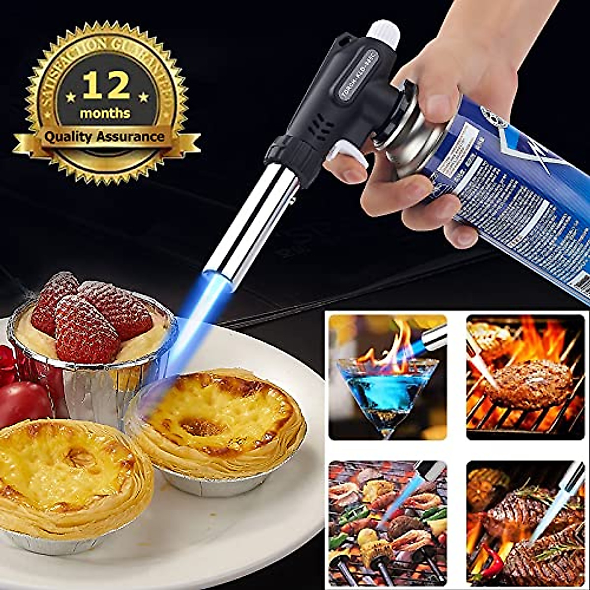 Butane Torch Kitchen Blow Lighter Gas burner - Culinary Torches Chef Cooking Professional Adjustable Flame with Reverse Use, for Creme, Brulee, BBQ, Camp, Baking (Butane Not Included)（Black）