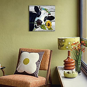 Cow Decor Sunflower Bathroom Decor Black and White Wall Decor Cow Pictures Wall Decor Farmhouse Bathroom Wall Decor for Bedroom Kitchen Living Room, Rustic Framed Canvas Wall Art Paintings 14"x14"