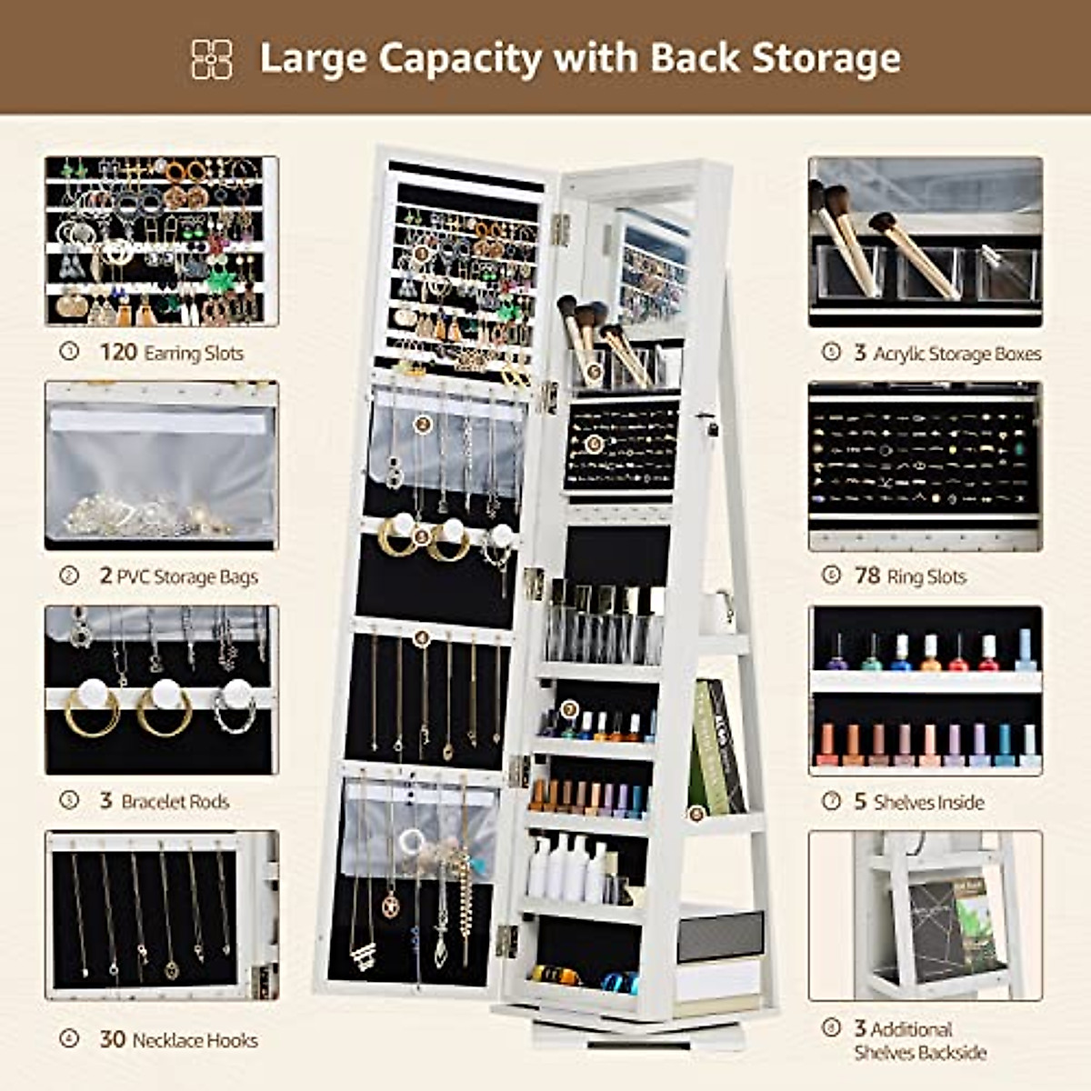 SERWALL 360 Rotating Jewelry Stand Organizer - Freestanding Dressing Mirror Jewelry Cabinet Storage - WHITE