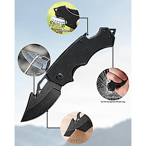 FLISSA Mini Folding Pocket Knife, 2.5-Inch Stainless Steel Drop Point Blade, EDC Pocket Knives for Men with Bottle Opener and Glass Breaker (Black)