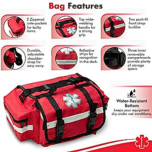 NOVAMEDIC Professional Empty Red First Responder Bag, 17" x 9" x 7", EMT Trauma First Aid Carrier for Paramedics and Emergency Medical Supplies Kit, Lightweight and Durable