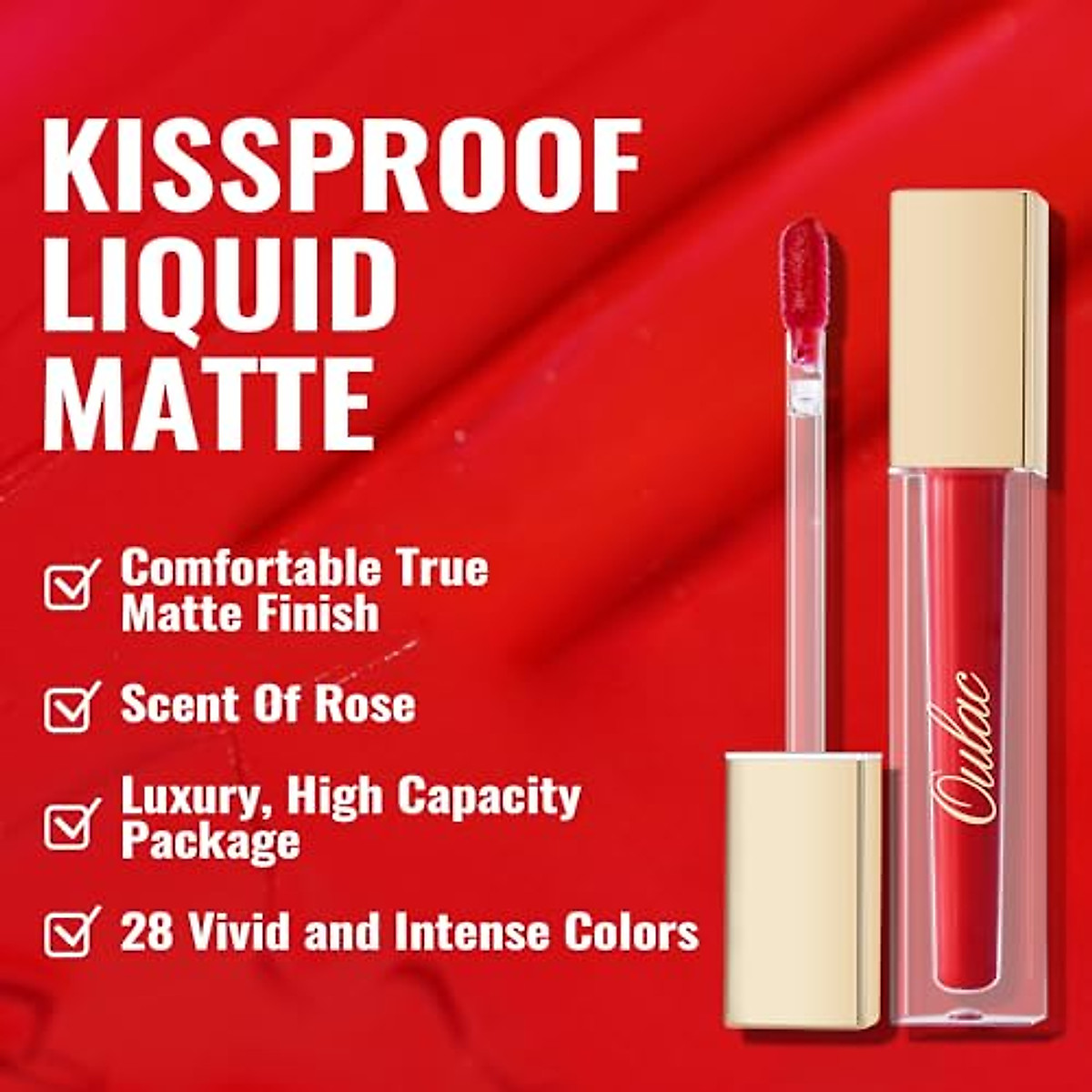 Oulac Red Matte Lipstick for Women, Classic Red Lip Stain Long Lasting Waterproof, No Transfer, Creamy High Pigmented Formula with Rose Oil, Vegan & Cruelty-Free, Classic Red M02