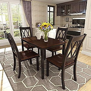 BEDGJH 5-Piece Wood Dining Table Set, Kitchen & Dining Room Furniture-1 Solid Wood Round Table w/ 4 Cross Back Chairs for Breakfast Lunch Dinner Living Space (Black+Cherry)