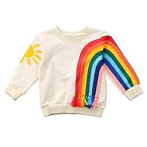 Toddler Kids Baby Girl Boy Long Sleeve Tassel Rainbow Sweatshirt Casual Shirt Pullover Tops (Beige, 12-18 Months)