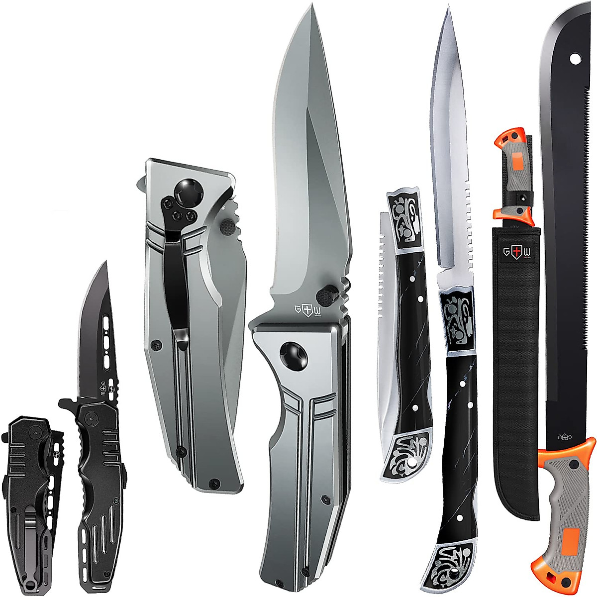 Bundle of 4 Items - Pocket Folding Knife - Military Style - Folding Knife - Tactical Knife - EDC Fold Knives - Sharp Blade Knifes - Best Pocket Knife for Urban Work Hobby Unboxing - 18,5 Machete