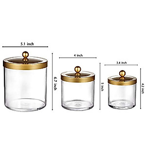 Premium Quality Apothecary Jars - Clear Plastic Storage Jars with Rust Proof Stainless Steel Lids - Bathroom Vanity Countertop Storage Organizer Canister Holder House Decor | Set of 3 (Gold)