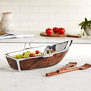 Godinger Wood Lined Boat Bowl with Salad Server, Silver