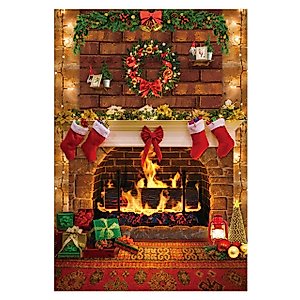 Funnytree 5x7FT Christmas Fireplace Photography Backdrop Rustic Red Brick Wall Background Merry Xmas Eve Party Supplies Decoration Banner Portrait Photo Booth Studio Props
