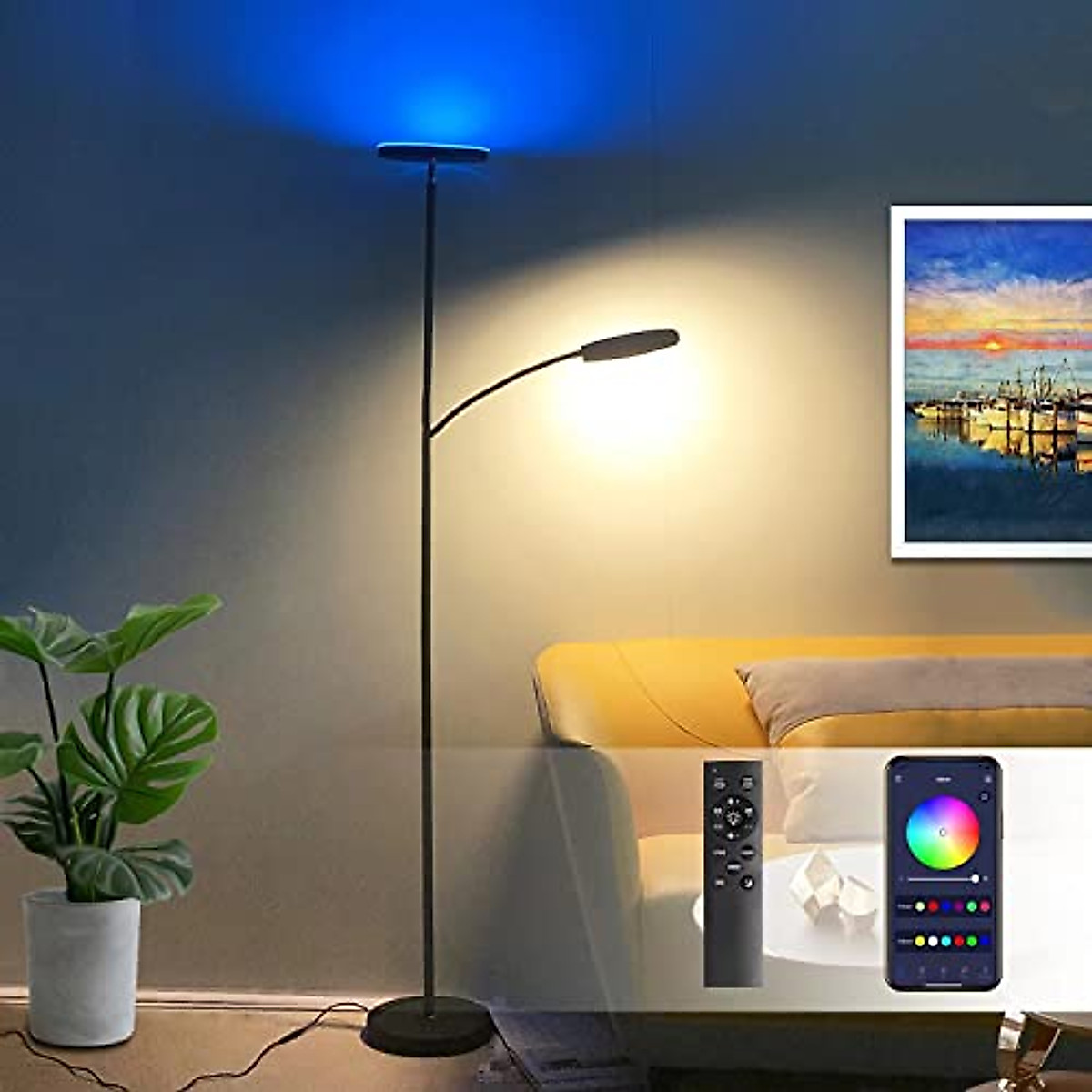 RGB Floor Lamp,Modern LED light Rotatable with Standing Lamp 24W/2000LM Main Light and 10W/350LM Side Reading Lamp, Adjustable Tall Lamps with Remote & Touch &APP Control for Living Room,Bedroom