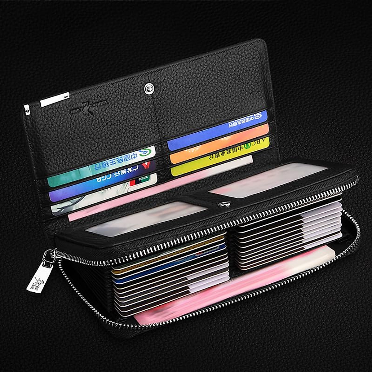 VANNANBA Long Wallet for Women Genuine Leather Zipper Wallet with 30 Card Slots|2 ID Windows|RFID Blocking|Wrist Strap|Cash Compartments|Gift Package,Large Capacity Organizer Accordion Wallet(Black)