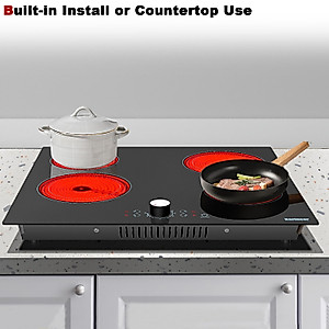 Karinear 24 Inch Electric Cooktop 4 Burners Electric Stove Top, 220-240v Built-in Electric Ceramic Cooktop with Knob Control,9 Power Levels, Black Glass,No Plug