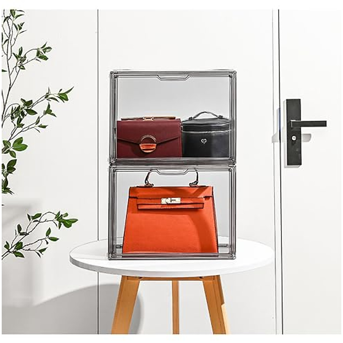 WMM Purse Storage Organizer for Closet, 3 Packs Plastic Acrylic Clear Handbag Purse Shoes Book Figure Toy Display Case, Storage Bins for Cosmetic, Stackable Magnetic Drop Front Storage Organizer