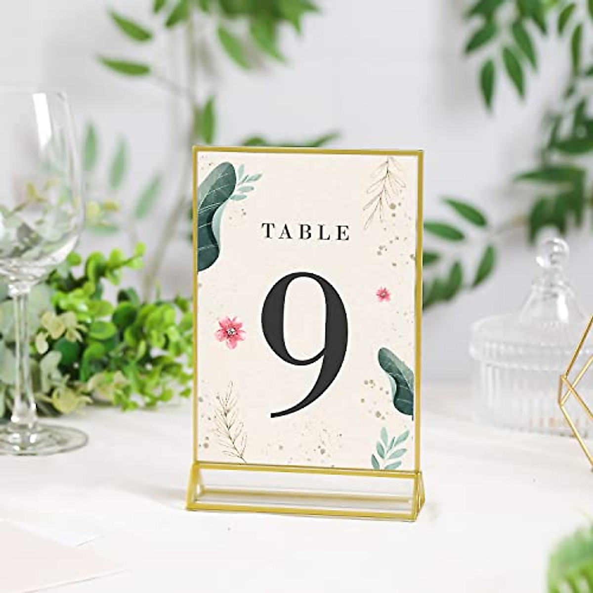 UNIQOOO Acrylic Sign Holders with Golden Border, Portrait View, Pack of 12 | 5x7 Double Sided Clear Frame, Perfect for Wedding reception, Centerpiece, Decoration, Party,Anniversary, Event