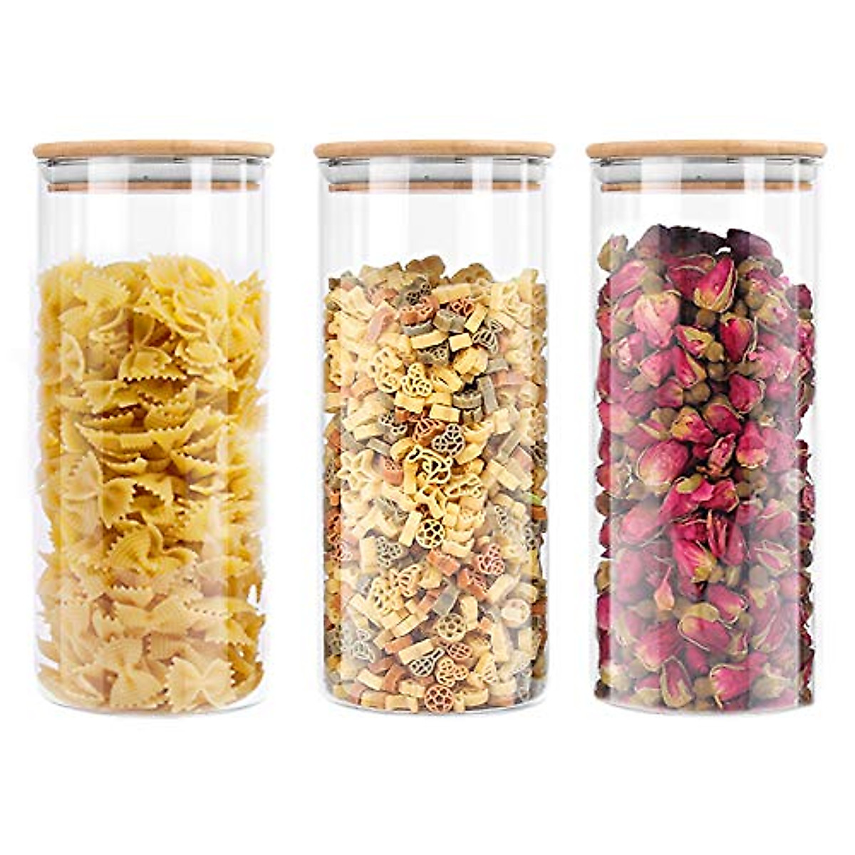 Lawei 3 pack Glass Storage Jars with Sealed Bamboo Lids - 51 oz Clear Glass Bulk Food Storage Canister for Serving Tea, Coffee, Spice, Candy, Cookie