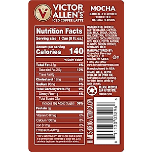Victor Allen's Coffee Mocha Iced Canned Coffee Latte, 8oz Cans (12 Pack)