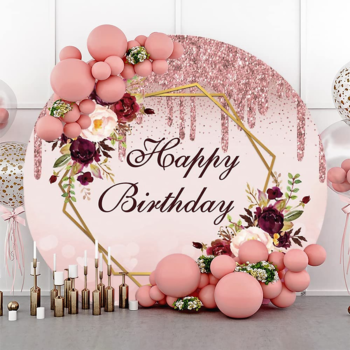 OERJU 7.2x7.2ft Happy Birthday Round Backdrop Cover Burgundy Flowers Rose Gold Photo Background Women Lady Girl 16th 30th 40th 50th 60th Birthday Party Decoration Dessert Cake Table Banner