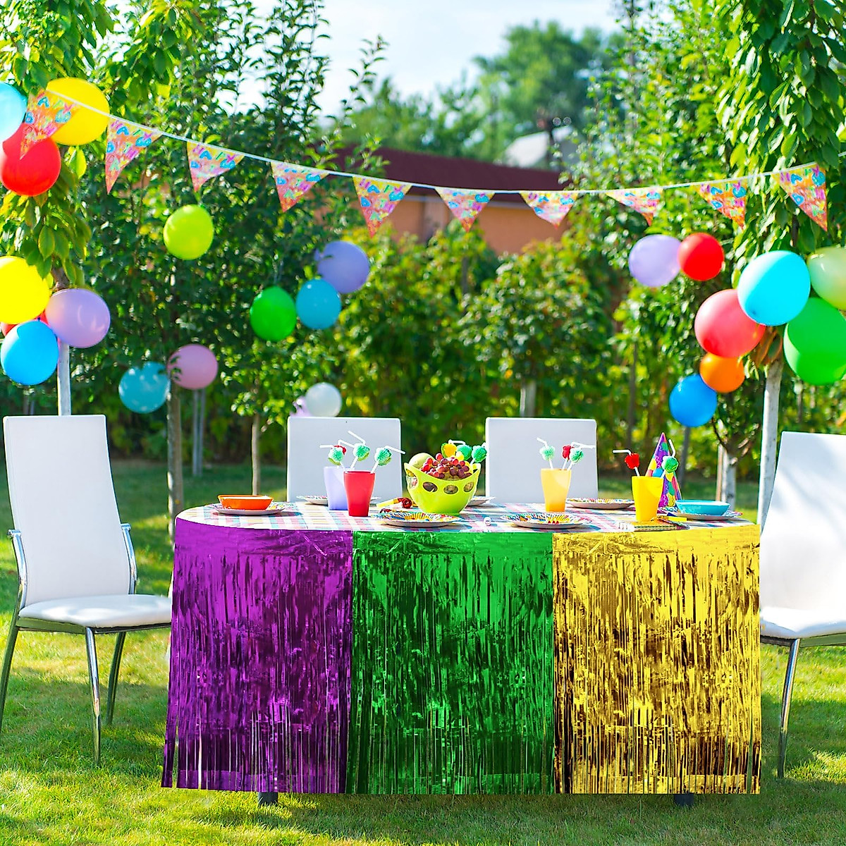 URATOT 2 Pack 29 x 106 Inches Mardi Gras Metallic Fringe Table Skirt Mardi Gras Decorations for Party Gold Green Purple Foil Fringe Table Skirt