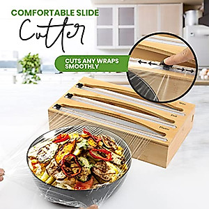 Utopia Kitchen 3 in 1 Foil and Plastic Wrap Organizer, Plastic Wrap Dispenser with Cutter, Bamboo Dispenser for Kitchen Organization and Storage - Fits 12 Inch Rolls - Natural