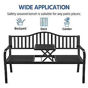 Yaheetech Outdoor Garden Bench w/Pullout Middle Table, Metal Patio Bench, Front Porch Bench for Backyard, Weather-Resistant Frame, Patio Seating for 2-3 Person, Black
