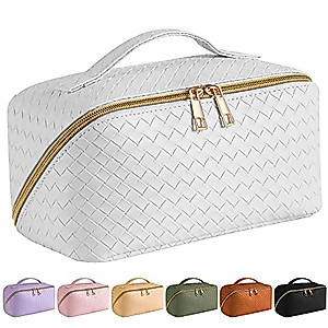 SFXULIX Large Capacity Travel Cosmetic Bag - Makeup Bag, PU Leather Waterproof Cosmetic Bag, Women Portable Travel Makeup Bag With Handle and Divider Flat Lay Makeup Organizer Bag, White
