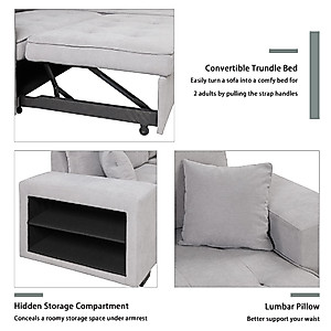 FANYE 2024 Linen Upholstery Pull Out Sleeper Sectional Sofa & Couch W/Stools and Shelves, L-Shaped Corner Upholstered Sofa Couch with 2 Pillows and Reversible Storage Chaise for Living Room